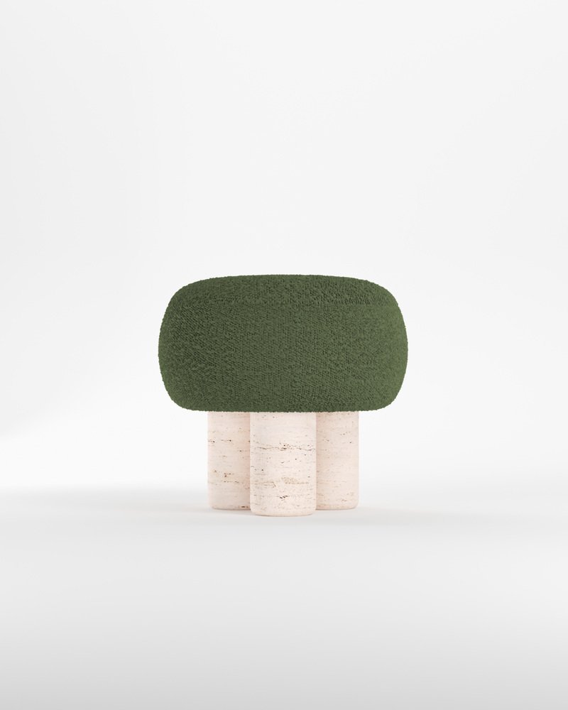 Hygge Stool in Boucle Green Fabric and Travertino by Saccal Design ...