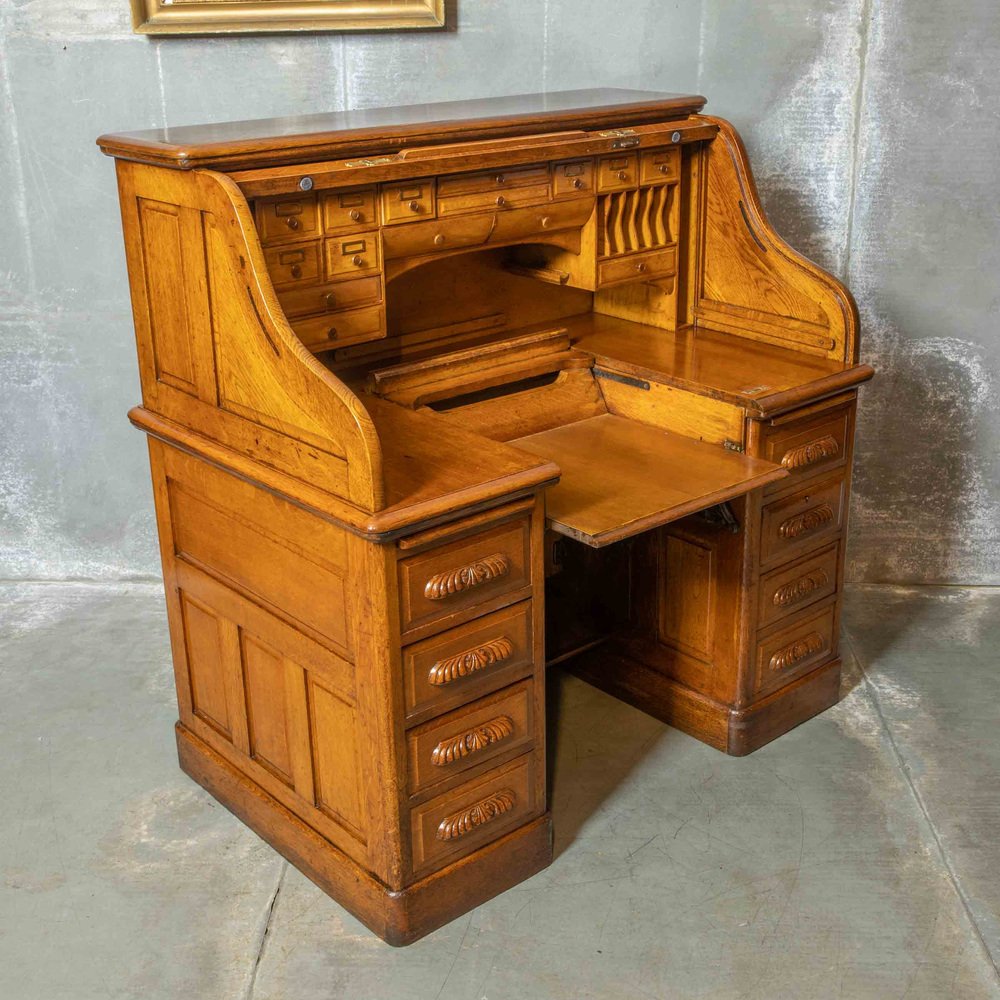 Edwardian Oak Typewriter Roll Top Desk, 1890s for sale at Pamono