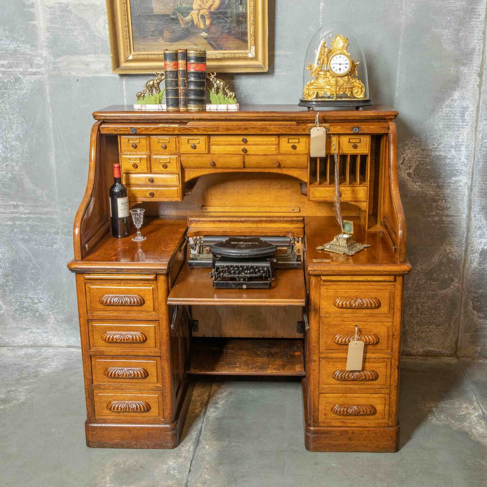Edwardian Oak Typewriter Roll Top Desk, 1890s for sale at Pamono