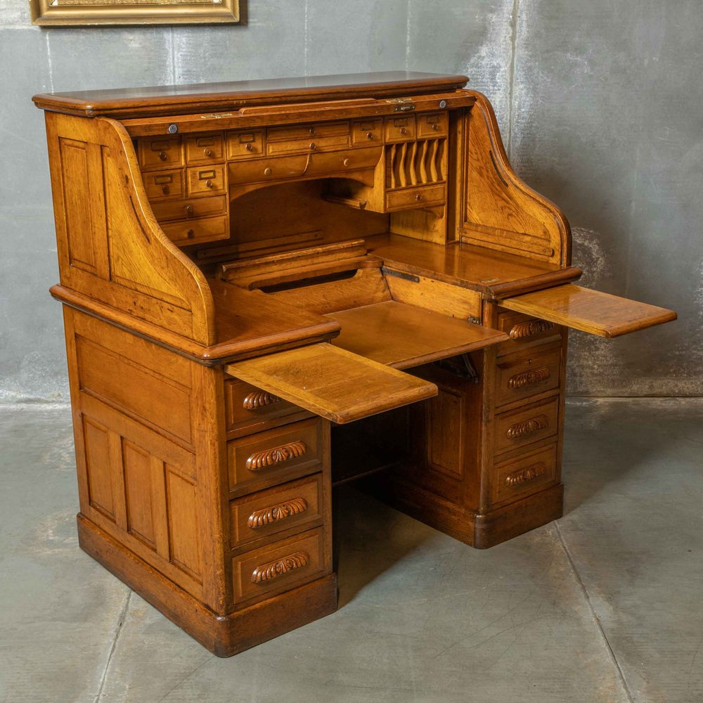 Edwardian Oak Typewriter Roll Top Desk, 1890s for sale at Pamono