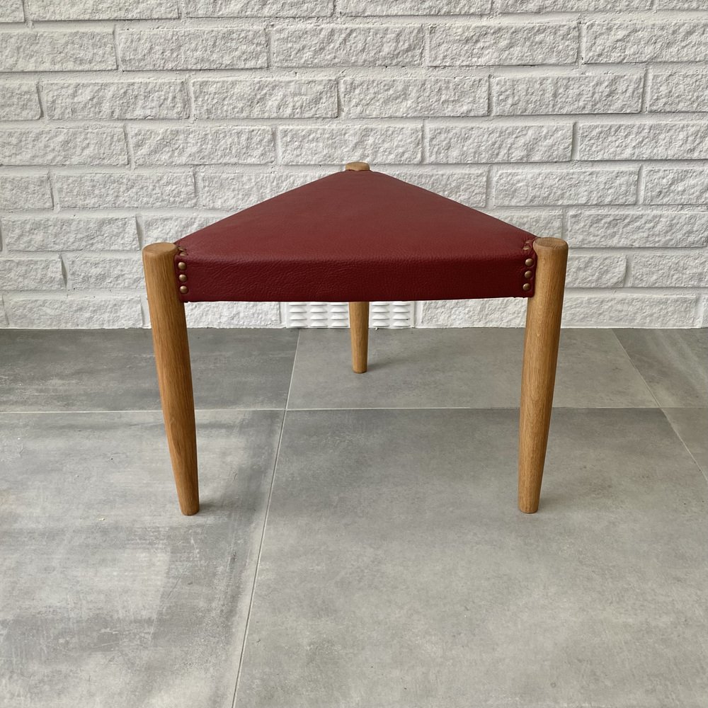 Mid-Century Scandinavian Triangular Stool in Oak and Leather, Sweden ...