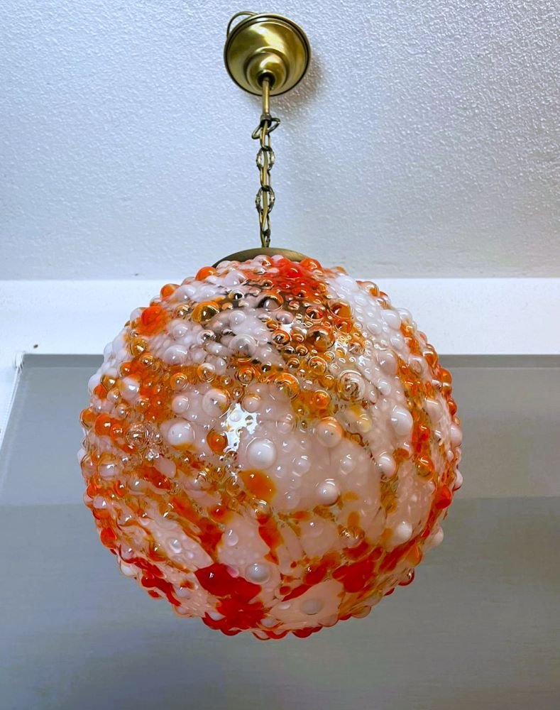 Large Portuguese Red Splatter Bubble Glass Hanging Lamp attributed to ...