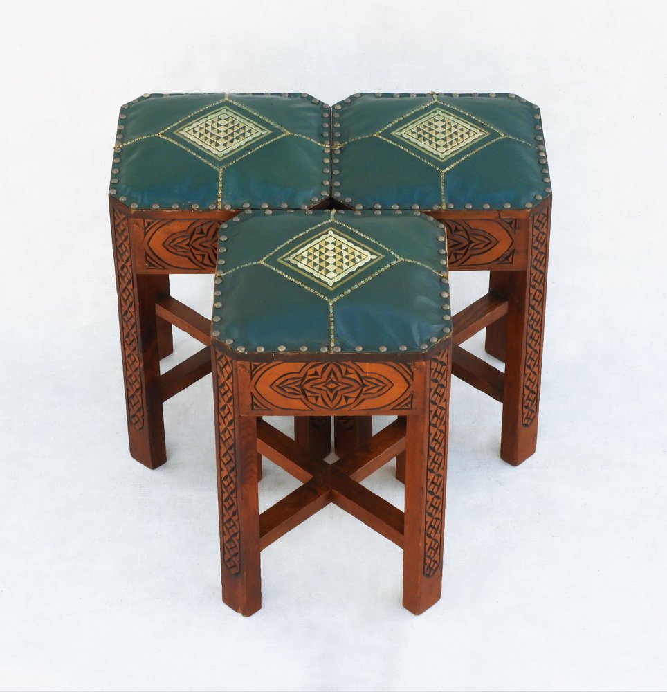 Tabouret Stools Hand Carved Wood and Embroidered Leather, 1950s, Set of ...