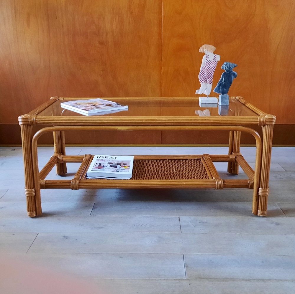 Pencil Reed Rattan Coffee Table, 1970s for sale at Pamono