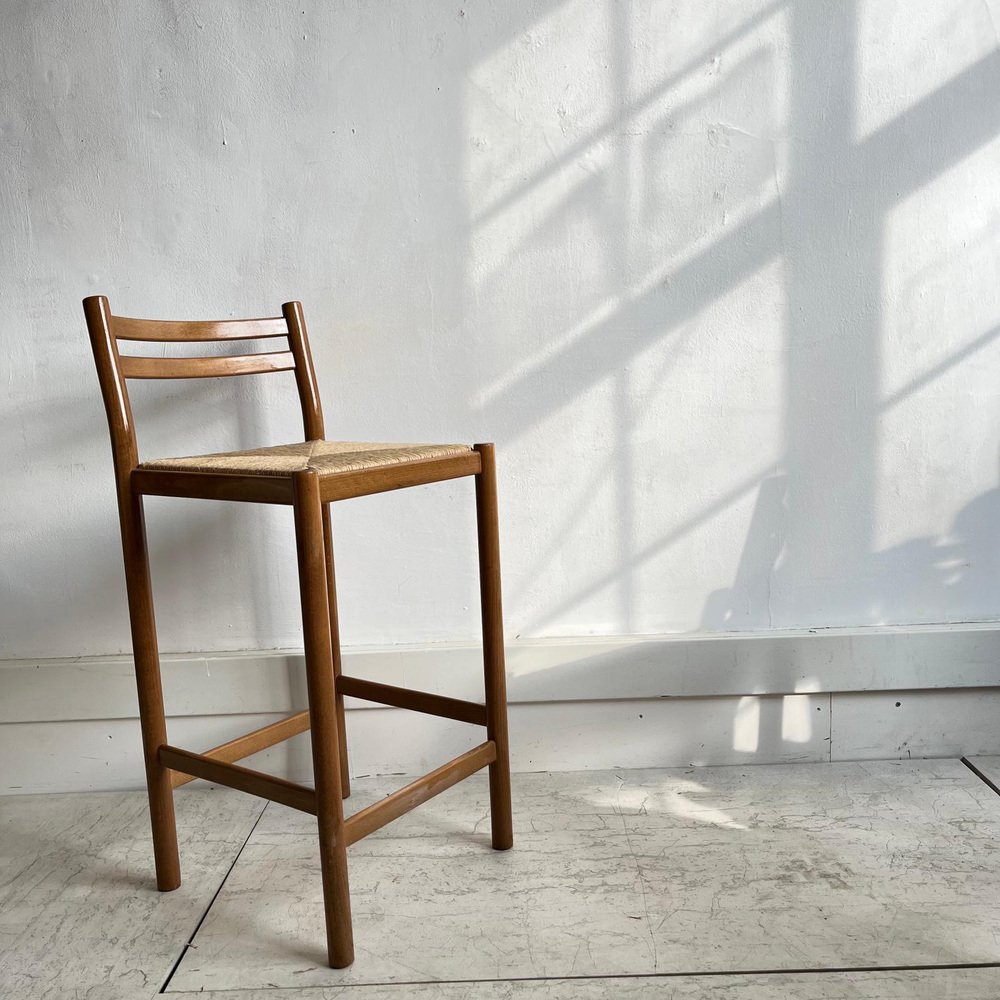 Beech Bar Stools with Rush Seating, 1970s, Set of 3 for sale at Pamono