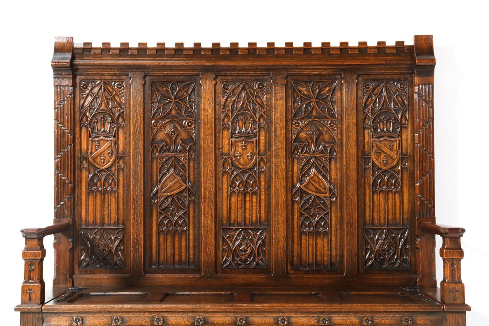 Gothic Revival Oak High Back Hall Bench, 1900s for sale at Pamono