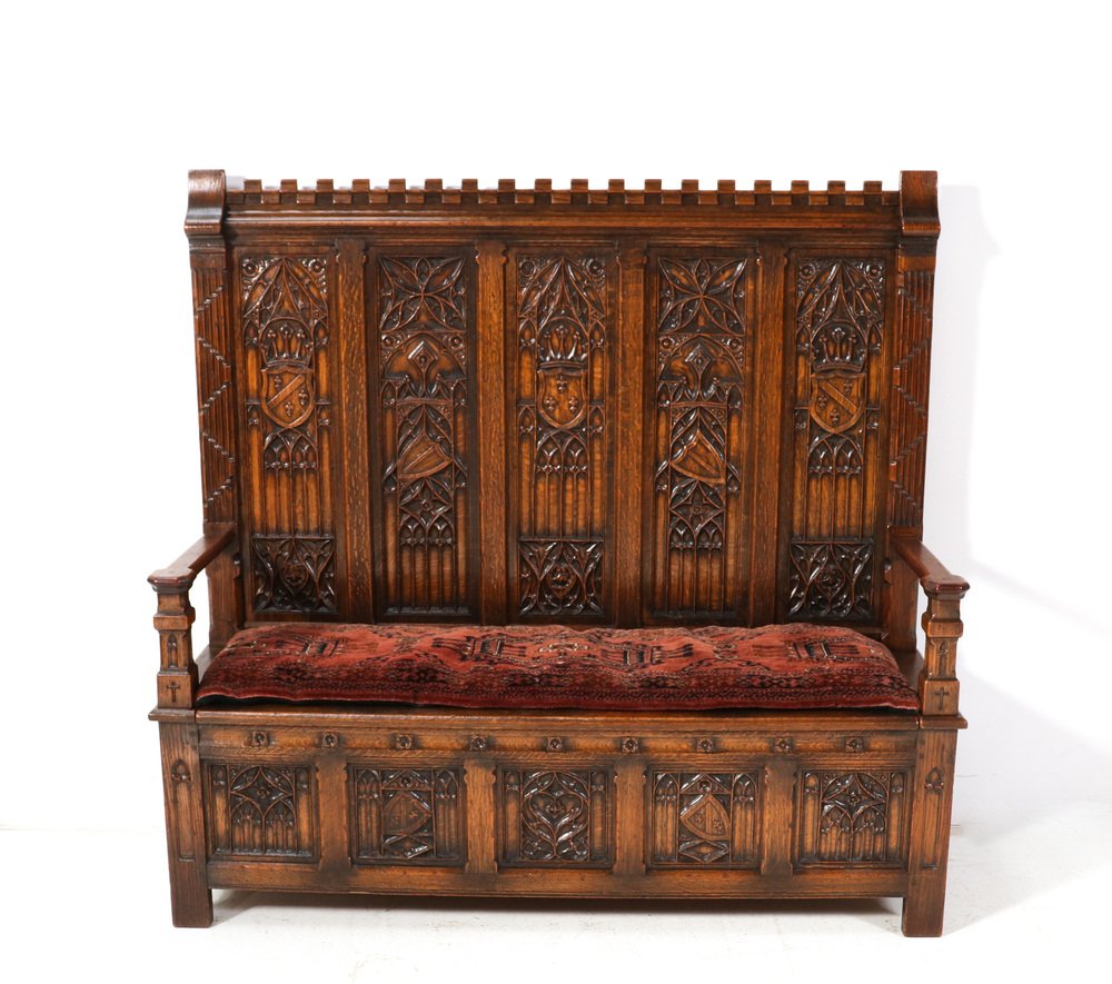 Gothic Revival Oak High Back Hall Bench, 1900s for sale at Pamono
