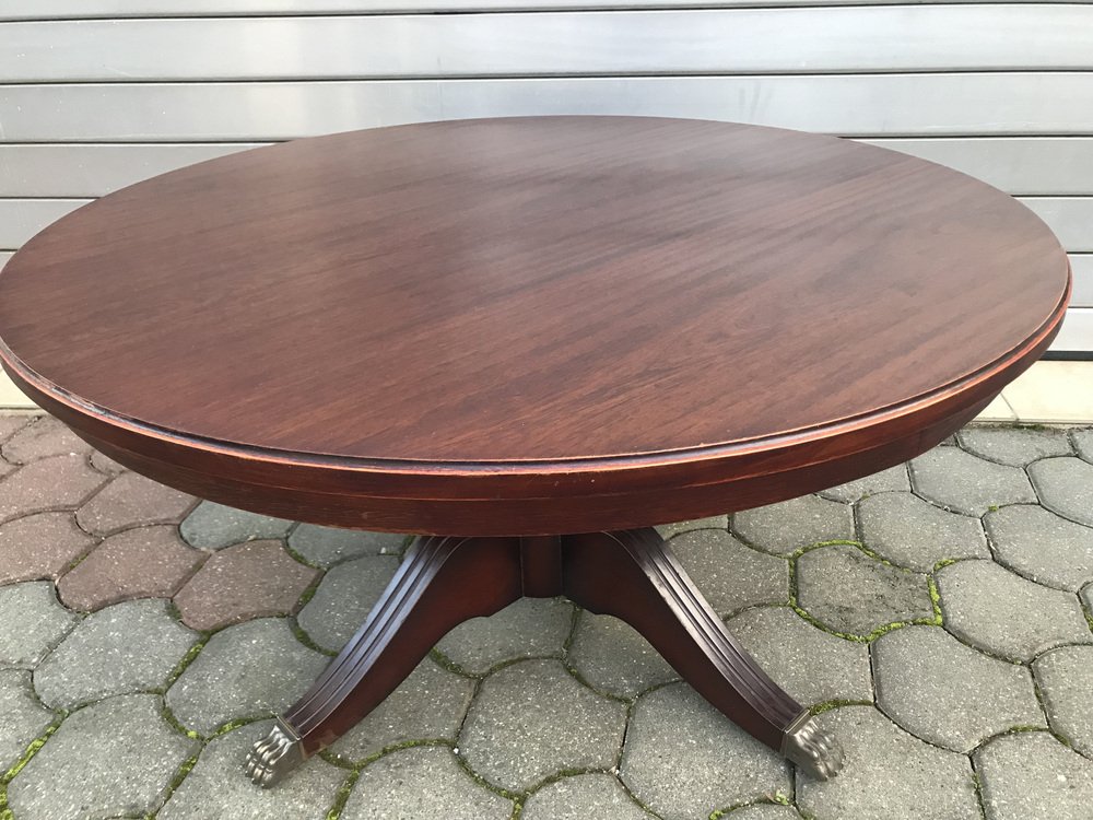 Large English Style Round Mahogany Coffee Table on One Leg with Brass ...