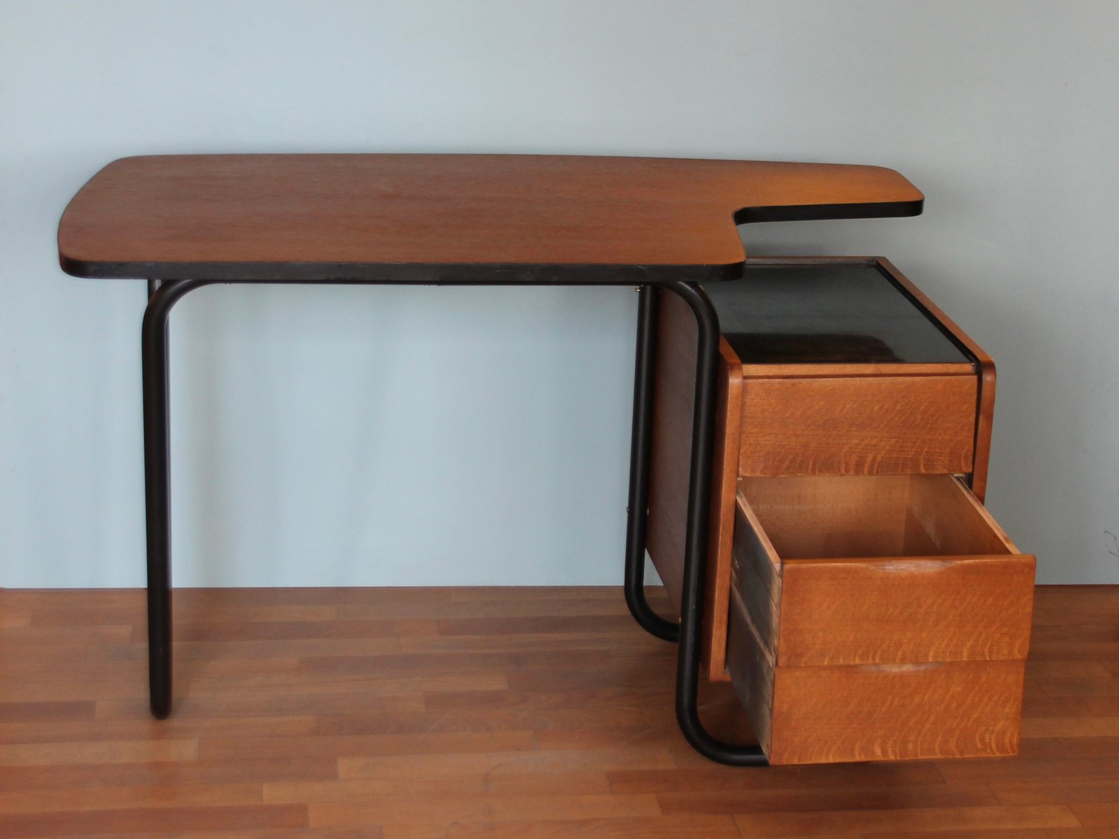 Mid-Century German Desk in Oak with Tubular Steel Base, 1950s for sale ...