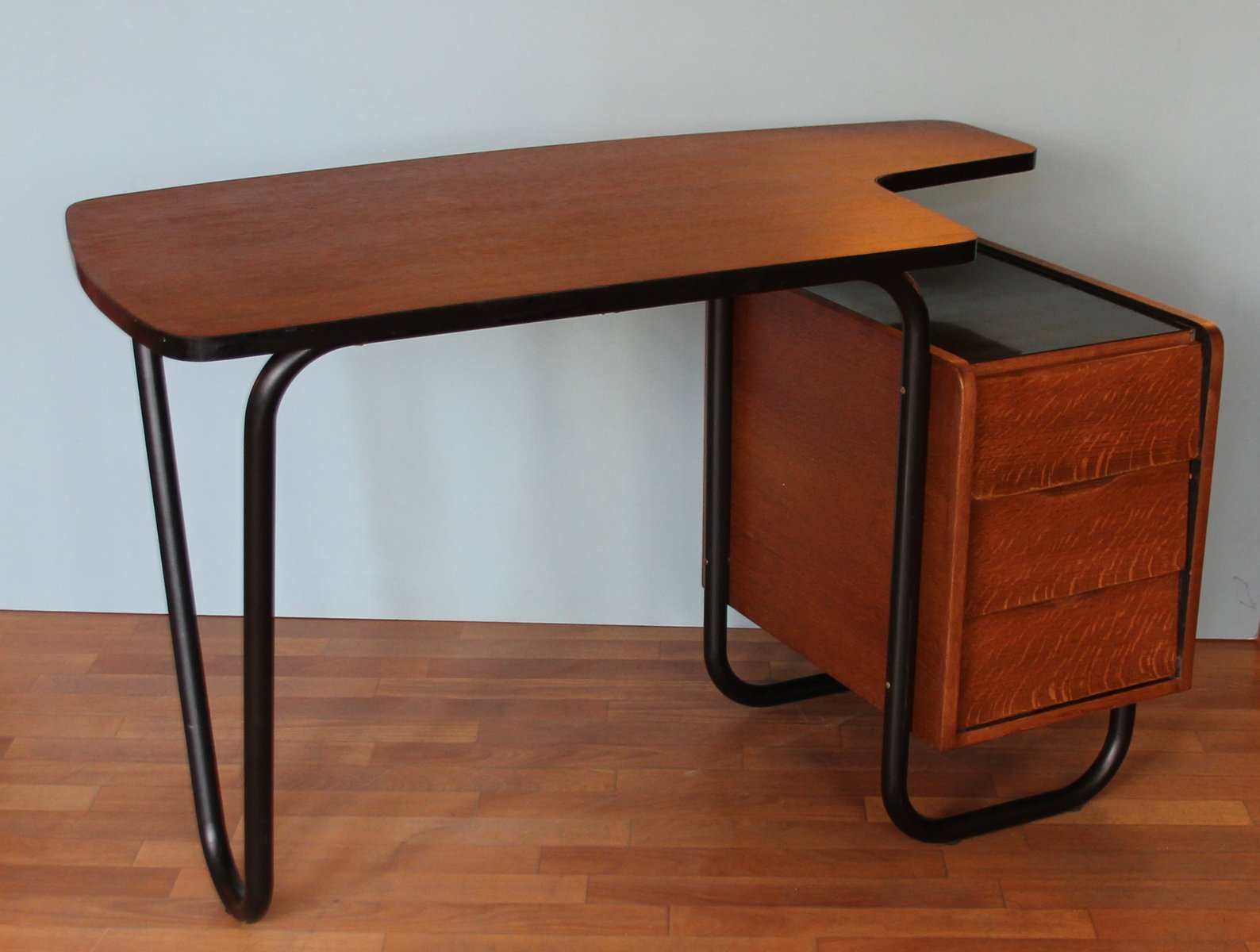 Mid-Century German Desk in Oak with Tubular Steel Base, 1950s for sale ...