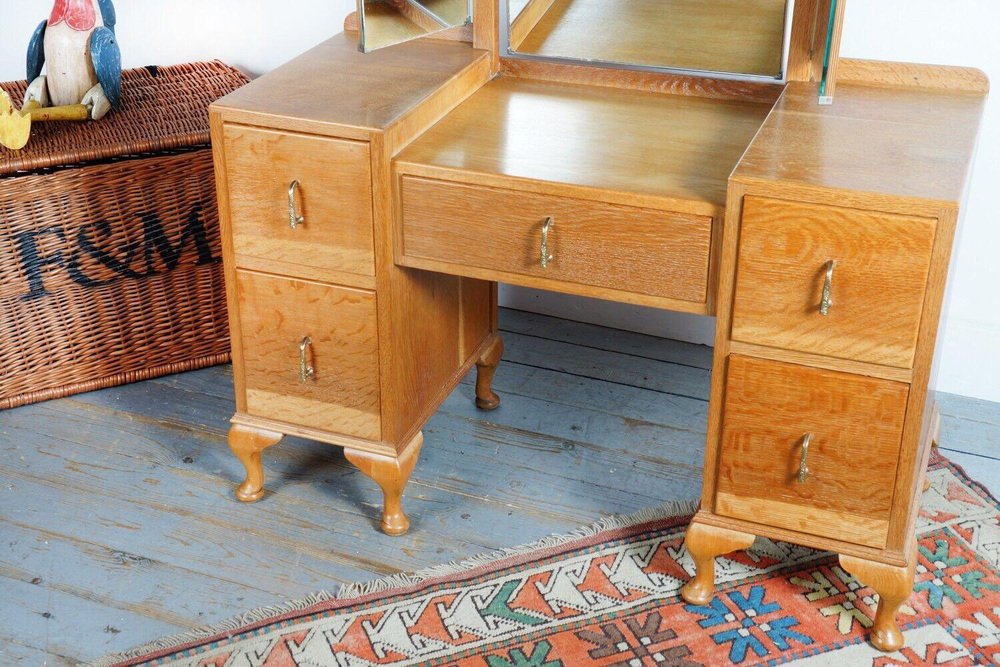Vintage Art Deco Oak Mirrored Dressing Table, 1930s for sale at Pamono