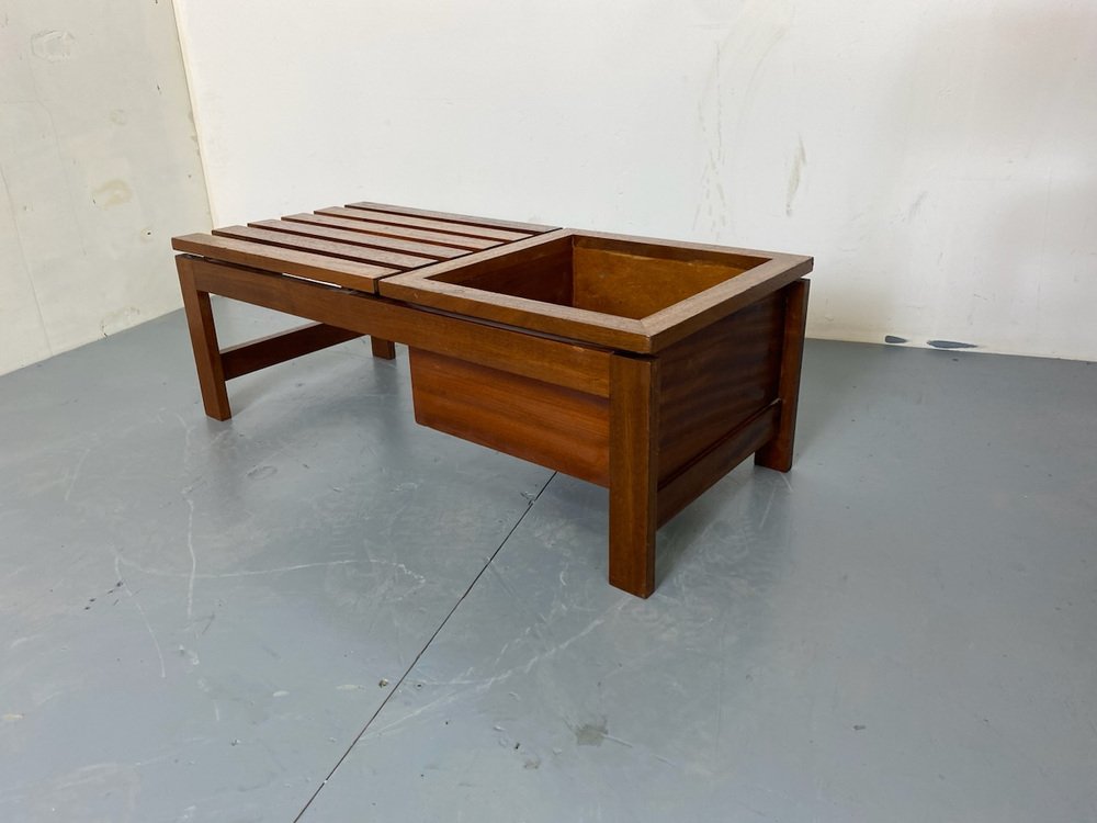 Mid-Century Modern Teak Slat Bench Side Table with Plant Stand, 1960s ...