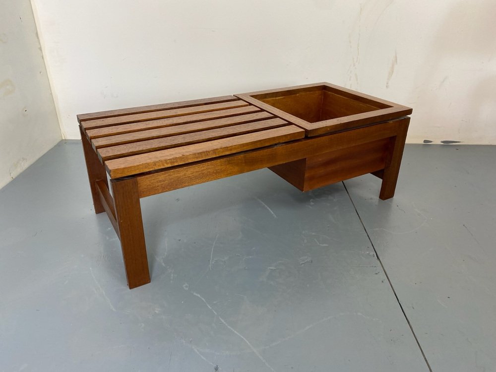 Mid-Century Modern Teak Slat Bench Side Table with Plant Stand, 1960s ...