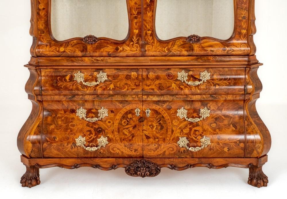 Dutch Marquetry Bookcase Cabinet with Bombe Inlay, 1930s for sale at Pamono