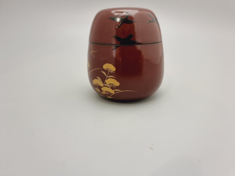 Vintage Japanese Netuske Matcha Container with Maki-E Lacquer in Maroon ...