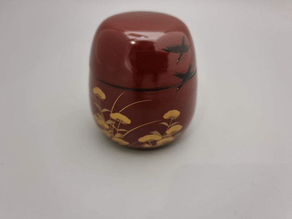 Vintage Japanese Netuske Matcha Container with Maki-E Lacquer in Maroon ...