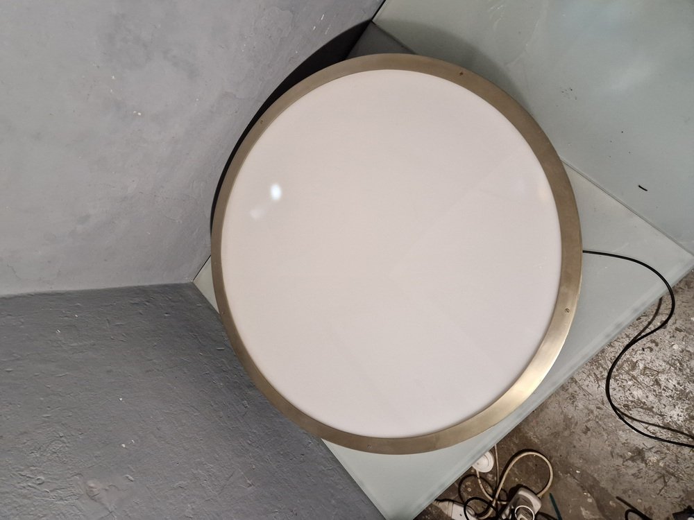 Large Ceiling Light in Aluminum and Wood with Milky Perspex Lampshade ...