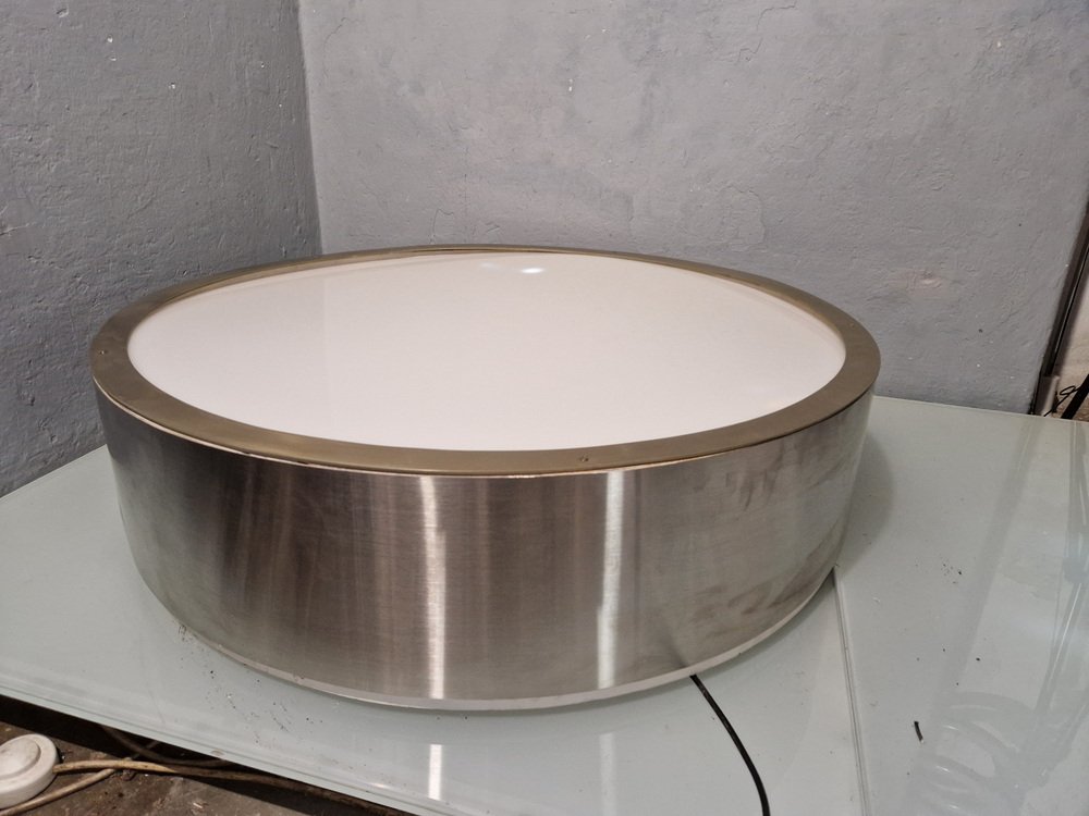Large Ceiling Light in Aluminum and Wood with Milky Perspex Lampshade ...