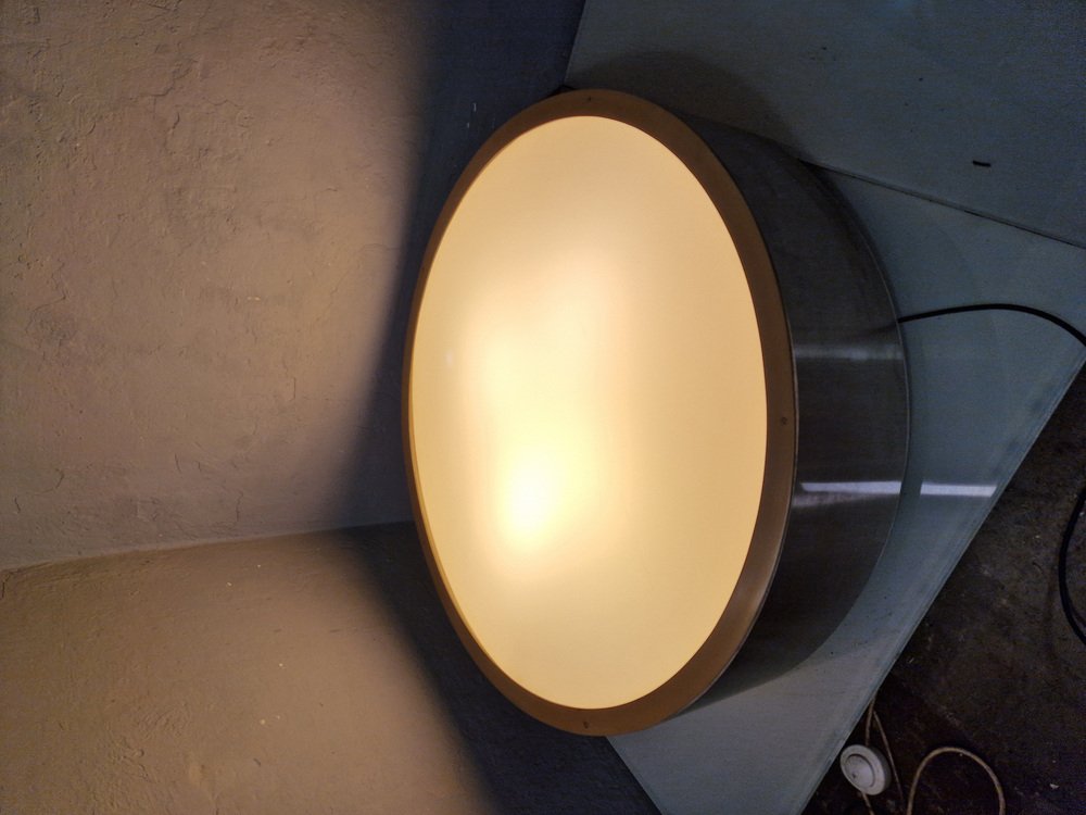 Large Ceiling Light in Aluminum and Wood with Milky Perspex Lampshade ...