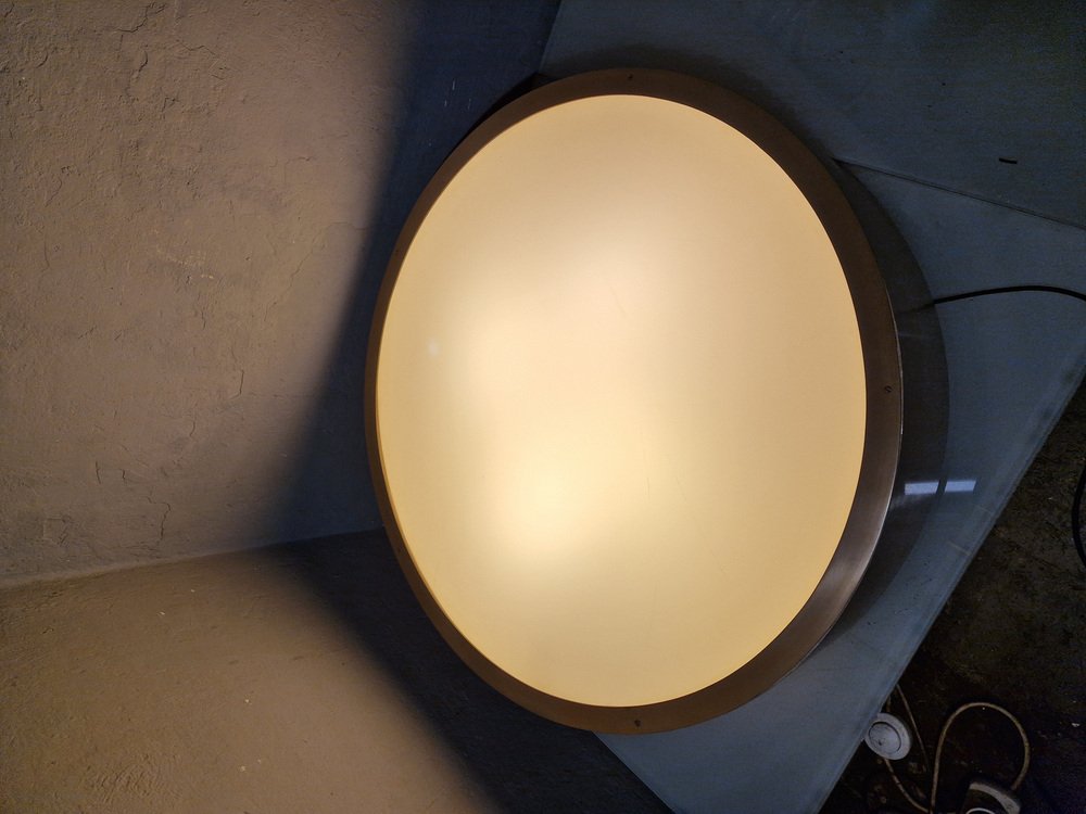 Large Ceiling Light in Aluminum and Wood with Milky Perspex Lampshade ...