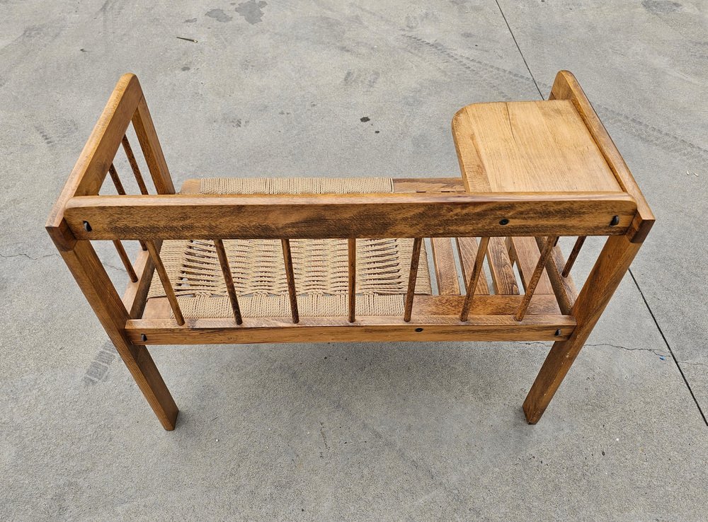 Mid-Century Modern Telephone Bench with Danish Paper Cord Seat, Former ...