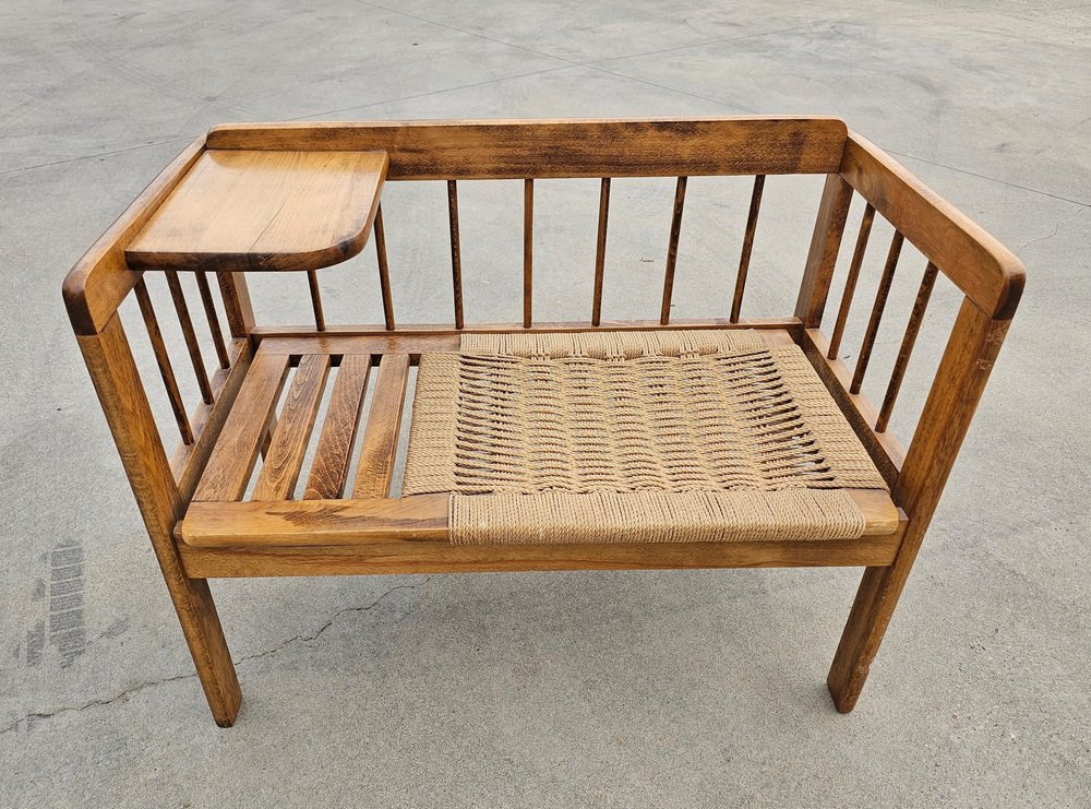 Mid-Century Modern Telephone Bench with Danish Paper Cord Seat, Former ...