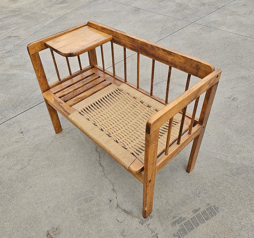 Mid-Century Modern Telephone Bench with Danish Paper Cord Seat, Former ...