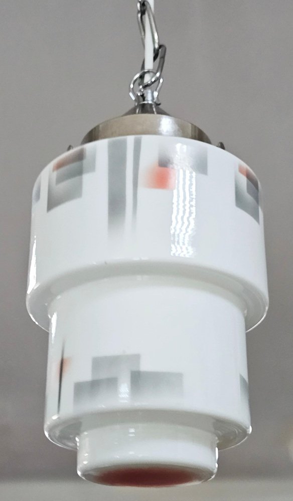 Art Deco Stepped Skyscraper Pendant Light in White Opaline Glass ...