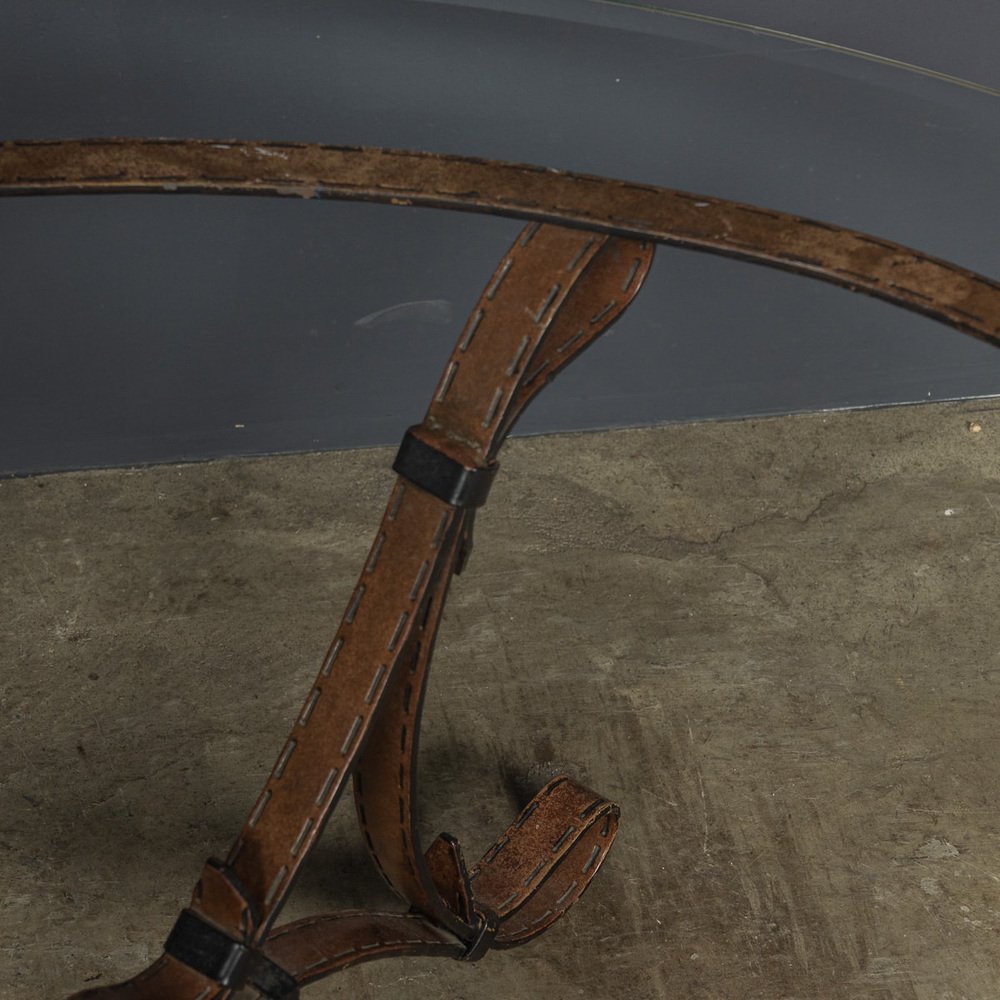 Cold Painted Wrought Iron Strap & Stitch Glass Top Coffee Table, 1980s ...