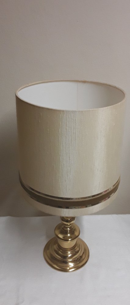 Vintage German Table Lamp with Brass Base and Cream-Colored Fabric ...