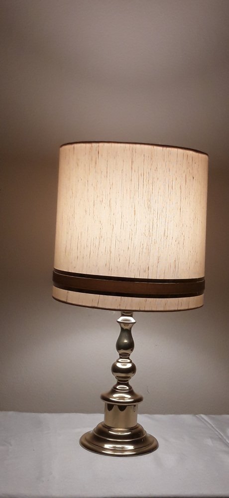 Vintage German Table Lamp with Brass Base and Cream-Colored Fabric ...