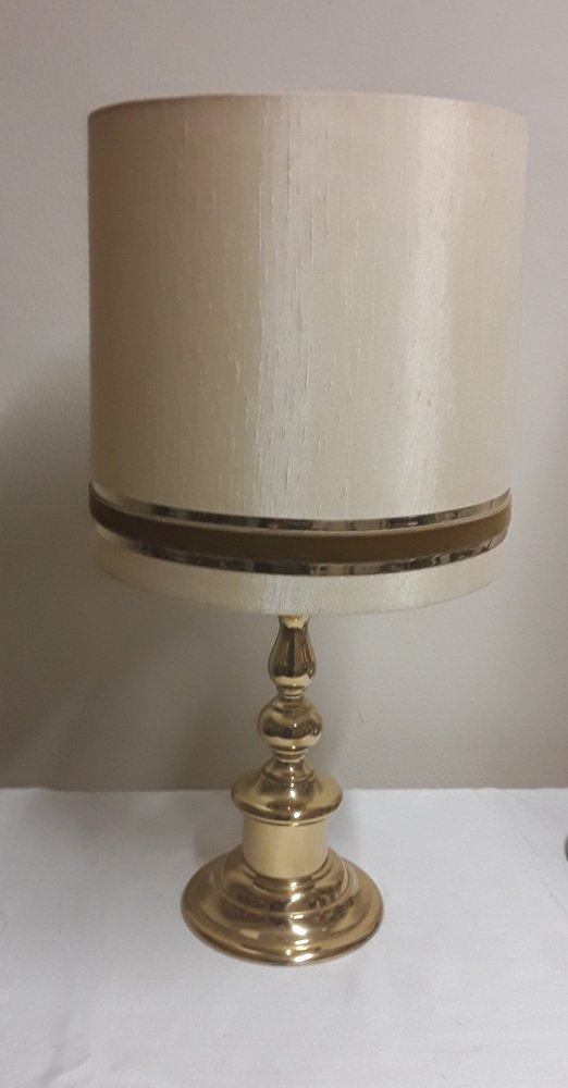 Vintage German Table Lamp with Brass Base and Cream-Colored Fabric ...