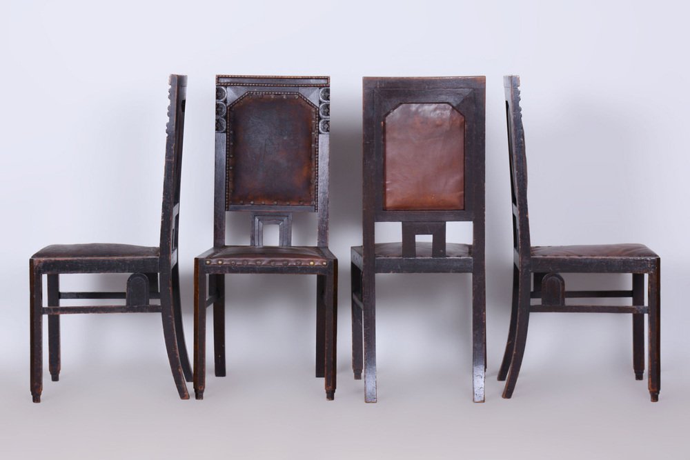 Czech Cubist Chairs in Oak and Red Leather by Josef Gočár, 1910s, Set ...