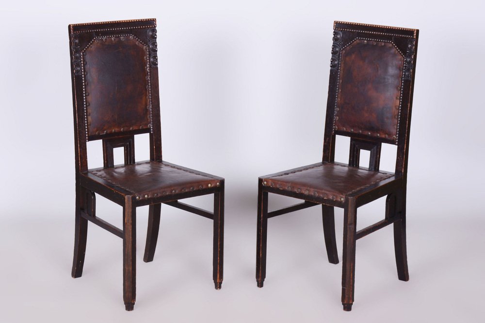 Czech Cubist Chairs in Oak and Red Leather by Josef Gočár, 1910s, Set ...