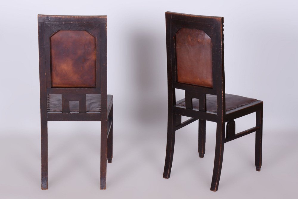 Czech Cubist Chairs in Oak and Red Leather by Josef Gočár, 1910s, Set ...