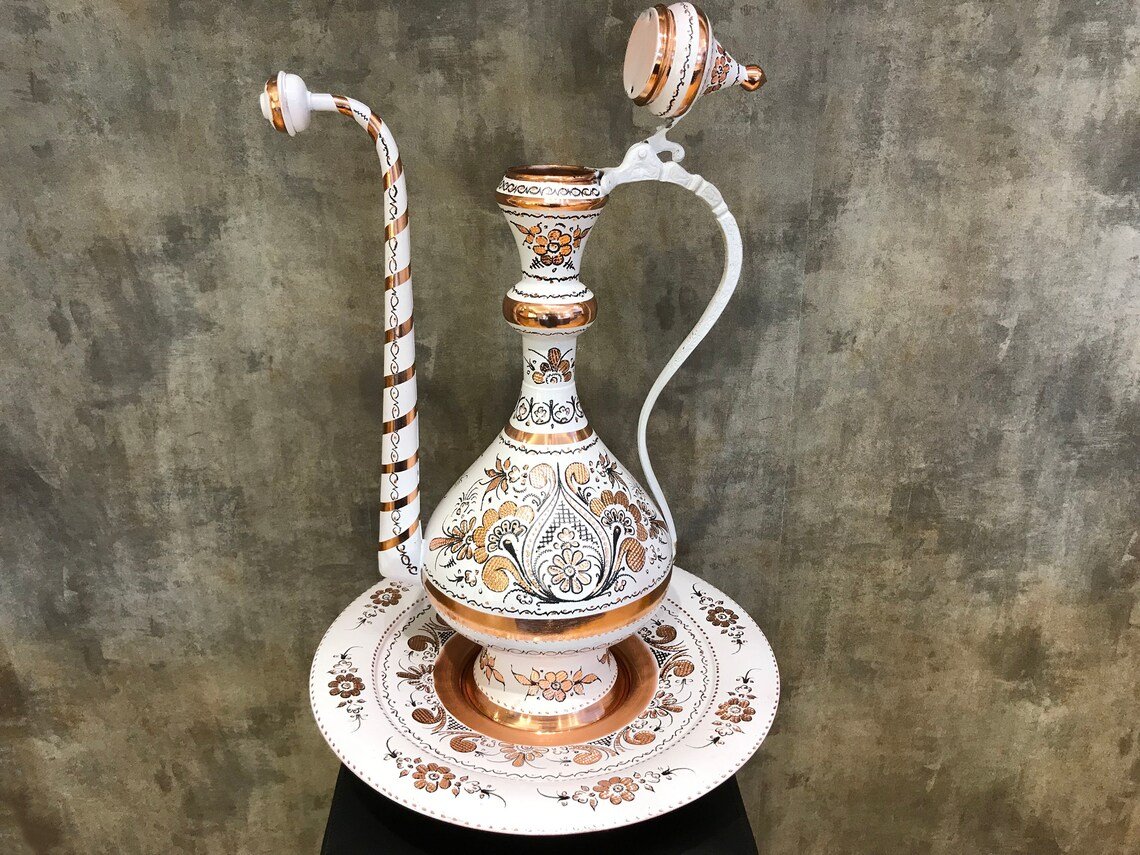 Large Handmade Copper Water Pitcher with Plate for sale at Pamono