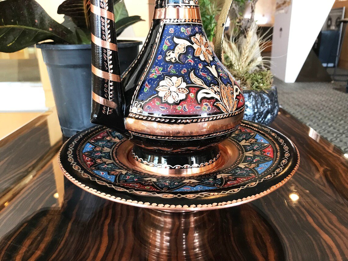 Handmade Green and Blue Floral Design Pitcher Set with Plate for sale ...