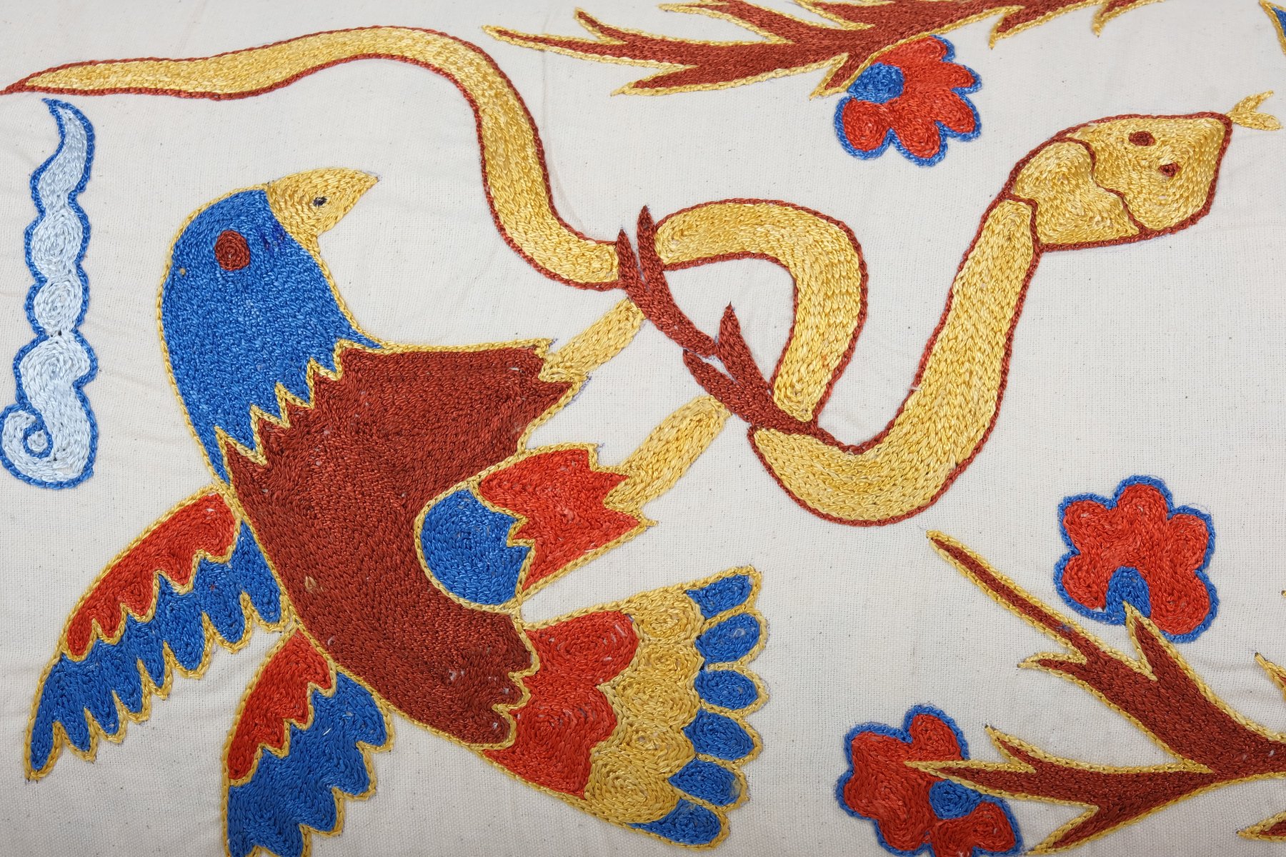 Uzbek Long Colorful Snake and Bird Suzani Bed Cushion Cover with Animal ...