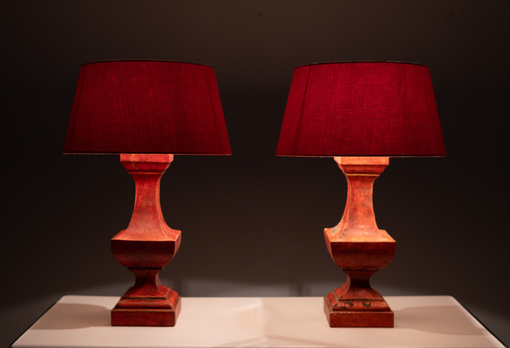 French Red Gesso Timber Table Lamps with Red Shades, 1980s, Set of 2 ...
