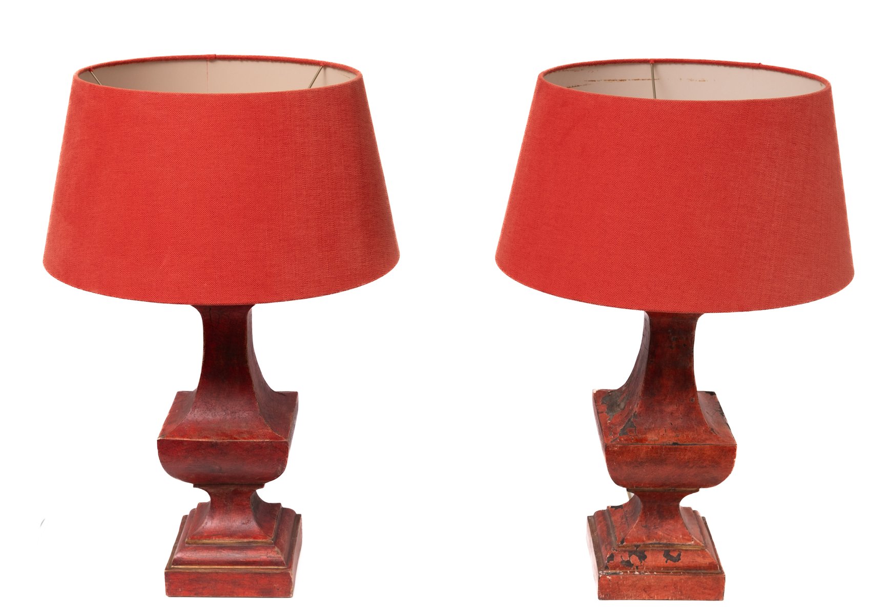 French Red Gesso Timber Table Lamps with Red Shades, 1980s, Set of 2 ...