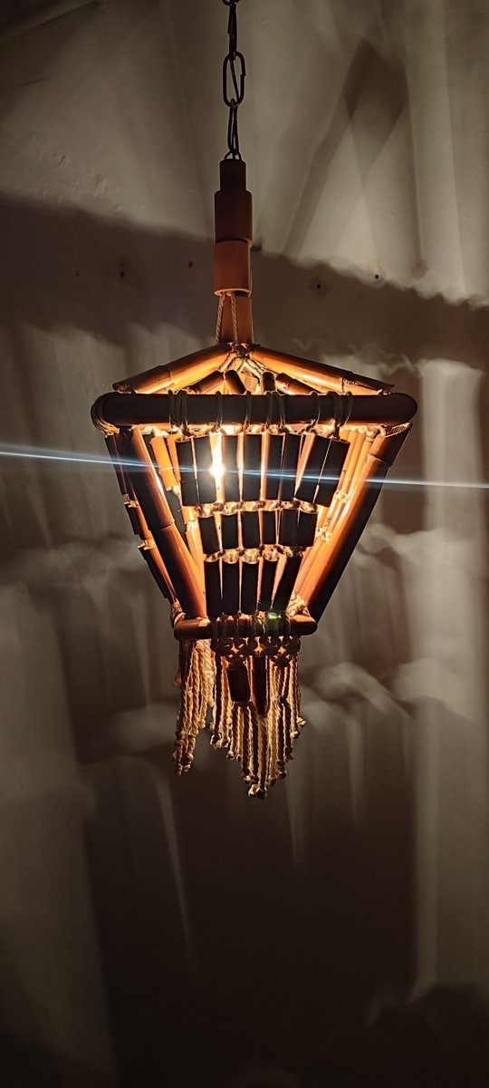 Bamboo and Macramé Ceiling Lamp, Spain, 1980s for sale at Pamono