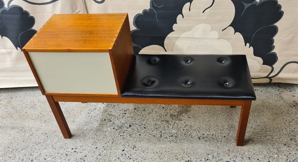 Mid-Century Teak Hall Telephone Bench with Vinyl Seat for sale at Pamono