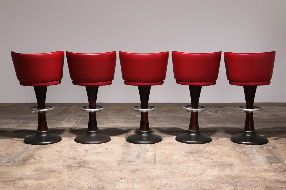 Captains Bar Chairs with Red Leather Upholstery and Steel Bases, 1970 ...