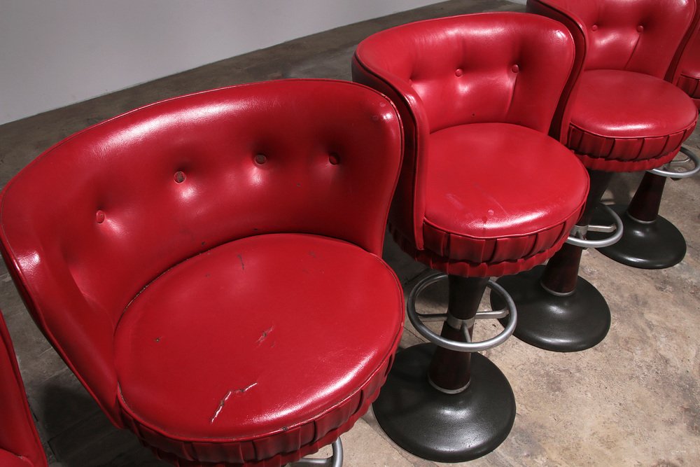 Captains Bar Chairs with Red Leather Upholstery and Steel Bases, 1970 ...
