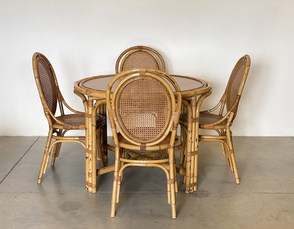 Bamboo Game Table and Chairs Set, 1970s, Set of 5 for sale at Pamono
