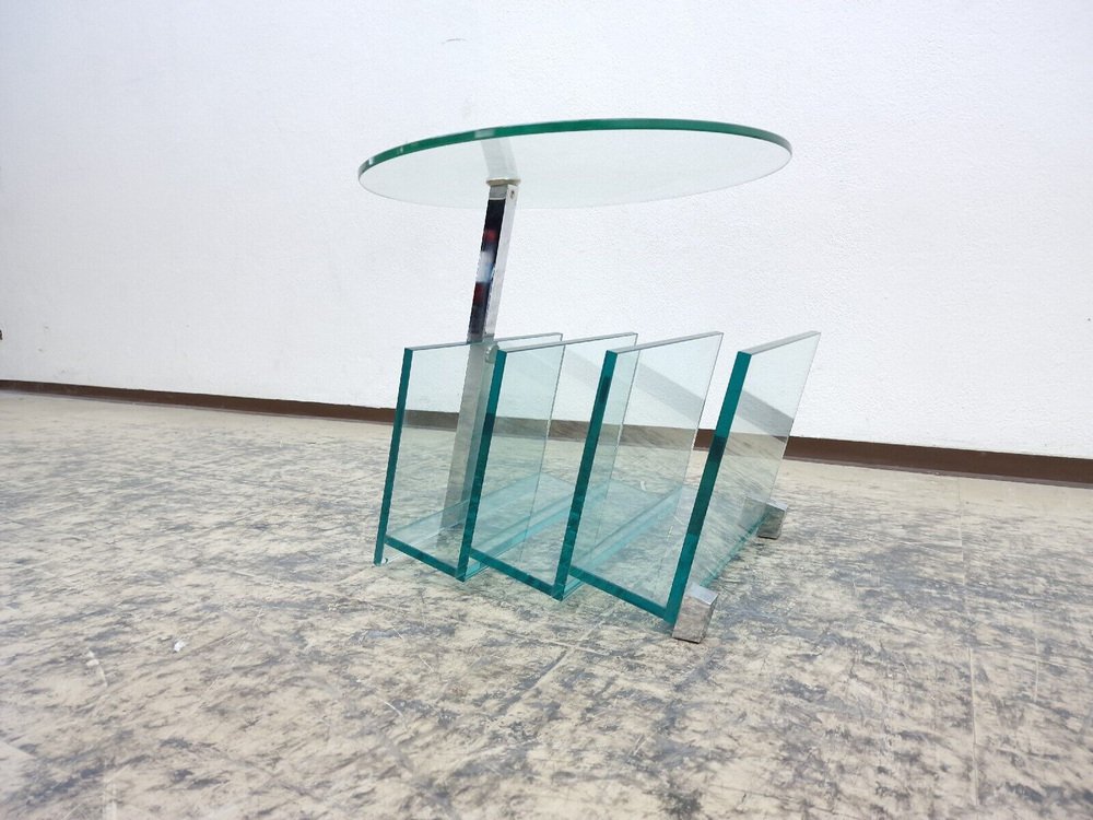 Modern Glass Coffee Table with Newspaper Rack for sale at Pamono