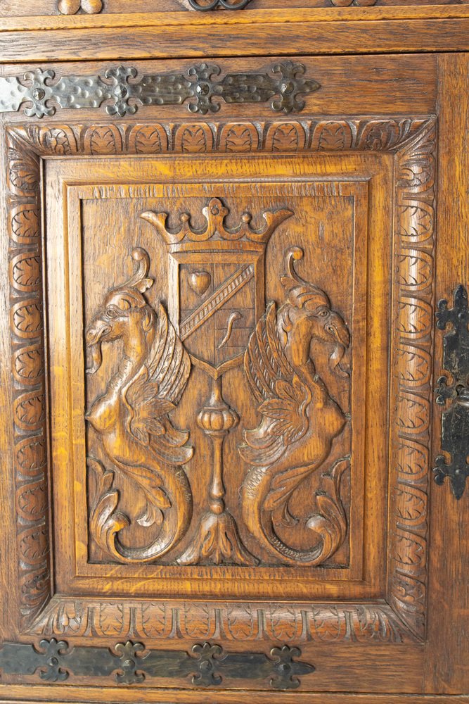 Spanish Oak and Hammered Wrought Iron Buffet with Fours Drawers and Doors, 1960s for sale at Pamono