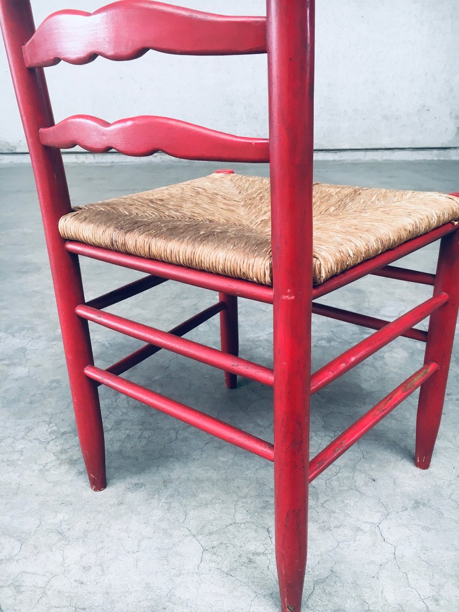 Set of Rustic Red High Ladder Back Wood & Rush Chair Set, 1930s for ...