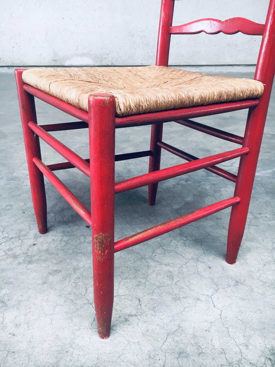 Set of Rustic Red High Ladder Back Wood & Rush Chair Set, 1930s for ...