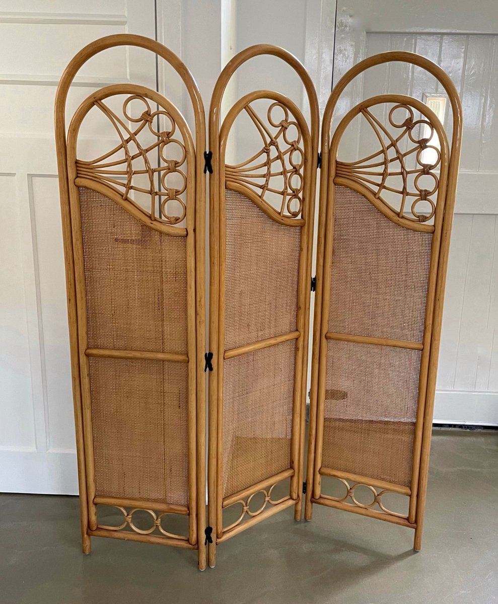 Cane Three-Fold Room Divider, 1960s for sale at Pamono